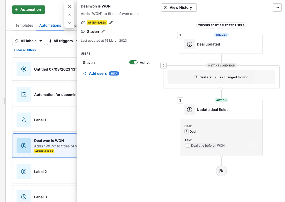 Automations: list view - Knowledge Base | Pipedrive